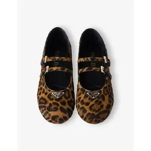 Prada Leopard Leather Ballerina Flats - Neutral