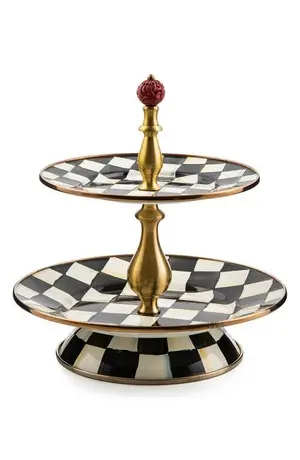 MACKENZIE-CHILDS Courtly Check Enameled Steel 2-tier Sweets Stand - Black/ White