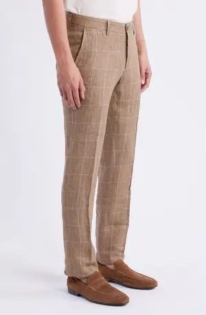 Berle Windowpane Check Linen Trousers - Tan