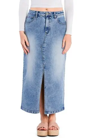 HINT OF BLU Split Hem Denim Midi Skirt - Blush Blue