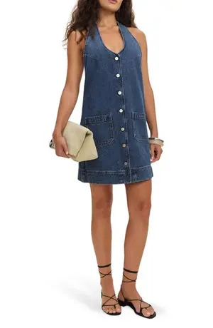 REFORMATION Brittany Halter Denim Mini Dress Mostar