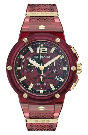 FERRAGAMO F-80 Translucent Chronograph Strap Watch Burgundy
