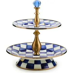 MACKENZIE-CHILDS Royal Check Enameled Steel 2-tier Sweet Stand - Blue/ White