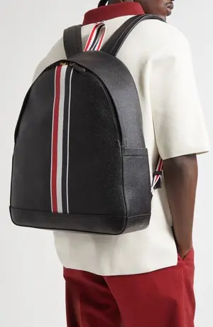 Thom Browne Pebbled Leather Backpack With Stripe Detail