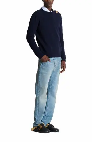 Balmain Eco-cashmere Jumper With Golden Metal Lion Press Studs - Navy