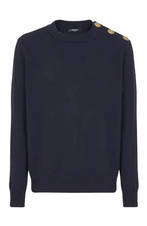 Balmain Eco-cashmere Jumper With Golden Metal Lion Press Studs - Navy