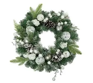 NORTHLIGHT Pine Frosted Christmas Wreath W/ Orn Ments 24 - One-color