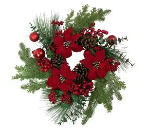 NORTHLIGHT Berry And Poinsettia Christmas Wreat 22 - One-color