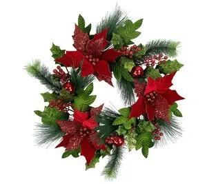 NORTHLIGHT 24' Red Poinsettia And Long Pine Chr Stmas Wreath - One-color