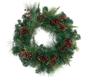 NORTHLIGHT Prelit Mixed Pine & Berries Christma Wreath 24 - One-color