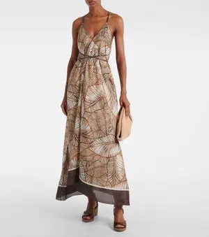 Brunello Cucinelli Printed Silk Maxi Dress - Brown