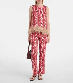 La DoubleJ La Scala Feather-trimmed Cotton Top