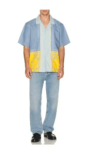 MEMORY LANE Patch Work Short Sleeve Shirt In Blue