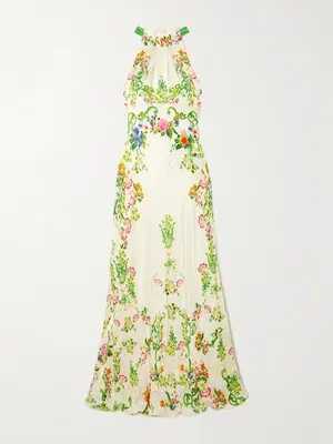 Saloni Michelle Floral-print Hammered-silk Gown