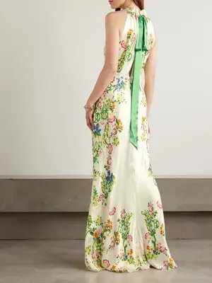 Saloni Michelle Floral-print Hammered-silk Gown
