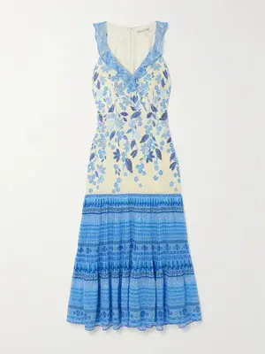 Saloni Amy Printed Plissé Silk-georgette Midi Dress