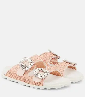 ROGER VIVIER Slidy Viv Crystal-embellished Raffia Sandals - Pink