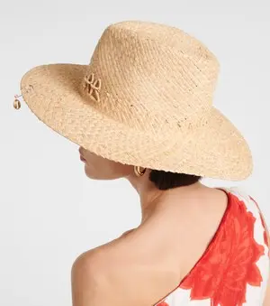 Ruslan Baginskiy Logo Faux Pearl-embellished Straw Fedora - Beige