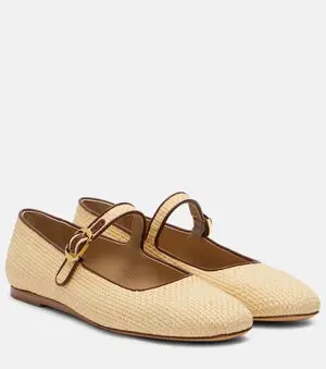 Le Monde Beryl Leather-trimmed Raffia Mary Jane Flats - Beige