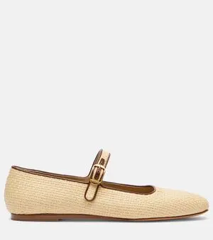 Le Monde Beryl Leather-trimmed Raffia Mary Jane Flats - Beige