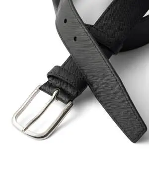 Prada Saffiano Leather Belt With Engraved Logo Buckle - Black