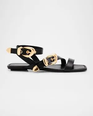 STUART WEITZMAN Maven Leather Buckle Flat Sandals - Black