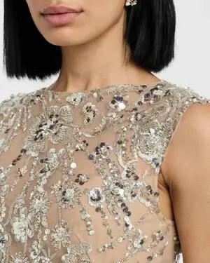 BRONX AND BRONCO Floral-embroidered Column Gown - Silver