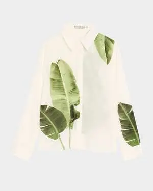 Alice + Olivia Jungle Palm Willa Placket Top - Jungle Palm Off White