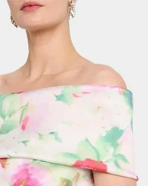 Rickie Freeman For Teri Jon Off-shoulder Pleated Mikado Column Gown - White Multi