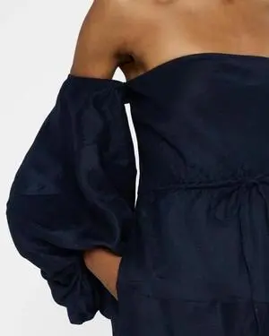 Rosie Assoulin Balloon-sleeve Off-the-shoulder Linen Midi Dress - Navy