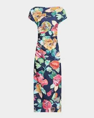 Lela Rose Floral Print Ruched Crepe Midi Dress - Multi