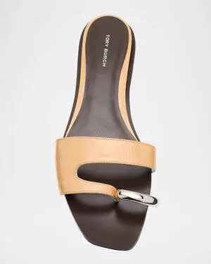 Tory Burch Pierced Leather Toe Ring Flat Sandals - Tan
