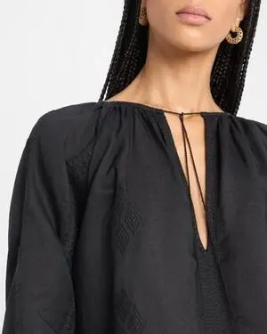NILI LOTAN Cristo Embroidered Peasant Blouse - Black