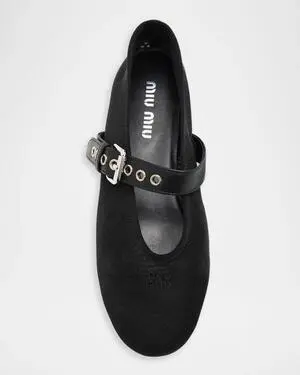 Miu Miu Mesh Buckle Mary-Jane Ballerina Flats Nero