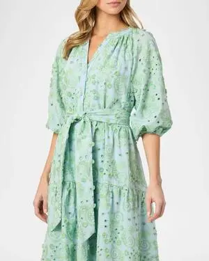 Shoshanna Denver Tiered Eyelet-embroidered Midi Dress - Lt Blugrn