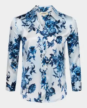 L'Agence Painterly Floral Dani Silk Blouse Whiteblue Painterly Floral