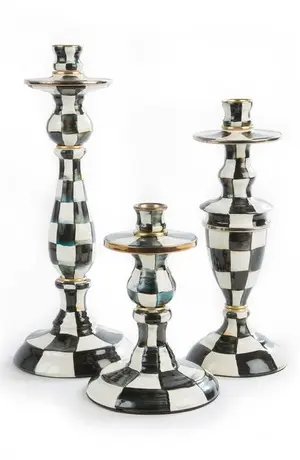MACKENZIE-CHILDS Courtly Check Large Enameled Steel Candleholder - Black/ White