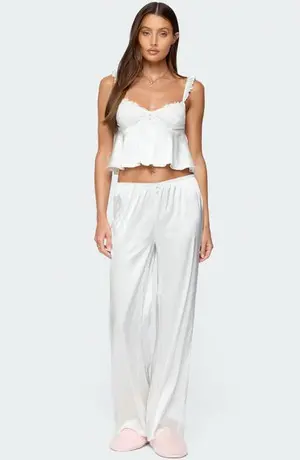 EDIKTED Izabella Satin Effect Wide Leg Pants - White