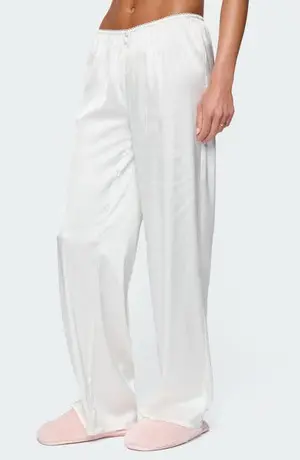 EDIKTED Izabella Satin Effect Wide Leg Pants - White