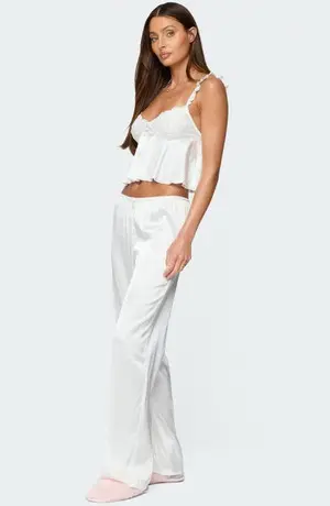 EDIKTED Izabella Satin Effect Wide Leg Pants - White