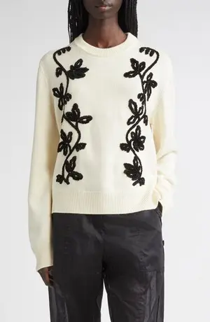 JIL SANDER Floral Embroidered Virgin Wool Blend Sweater - Cloud