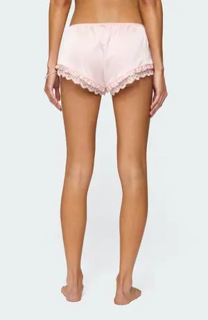EDIKTED Clair Ruffle & Lace Satin Shorts