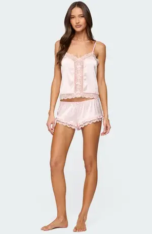 EDIKTED Clair Ruffle & Lace Satin Shorts