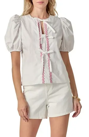 English Factory Rickrack Trim Tie Front Cotton Top - White