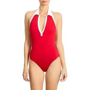 Robin Piccone Tierna Collared One-Piece Swimsuit Peony/ White