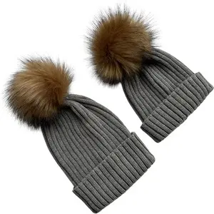 ACCOUCHEE Mom And Me Beanie Set Gray