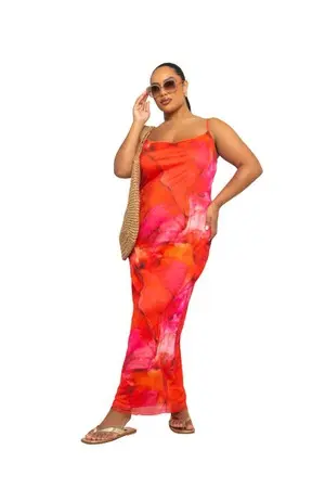 FASHION-SZN CURVE Strappy Abstract Print Mesh Maxi Dress - Red