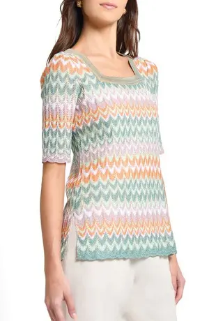 Misook Pointelle Zigzag Knit Tunic - Green/mult