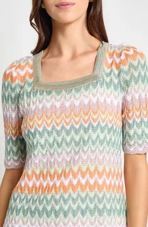 Misook Pointelle Zigzag Knit Tunic - Green/mult