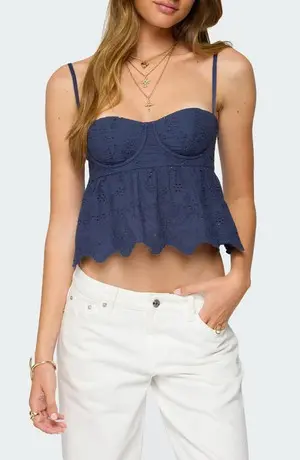 EDIKTED Emme Eyelet Crop Top - Blue
